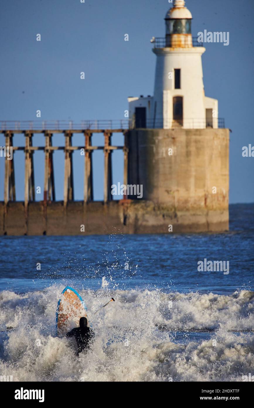 Blyth Harbour Lighthouse in Northumberland from Blyth Beach Stock Photo ...