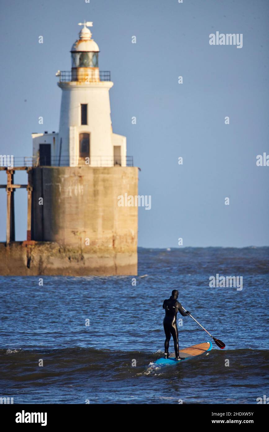 Blyth Harbour Lighthouse in Northumberland from Blyth Beach Stock Photo ...