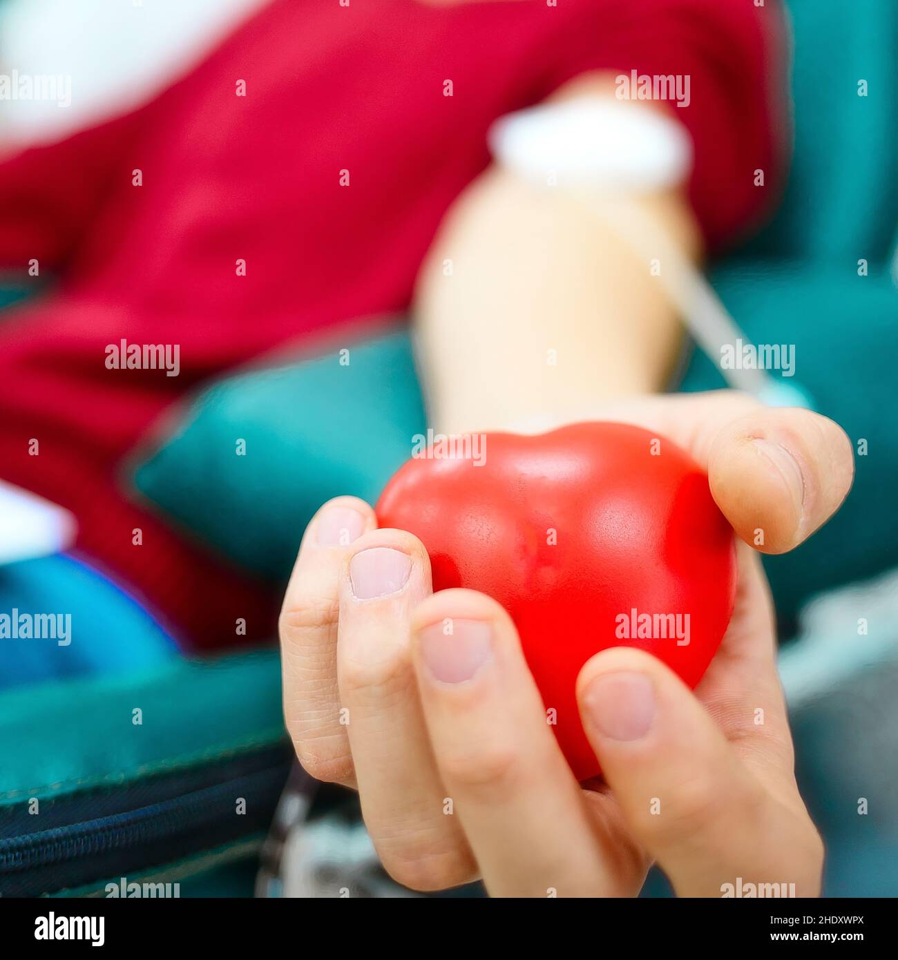 Topic of donation. Man donates blood in hospital. Man's hand squeezes ...