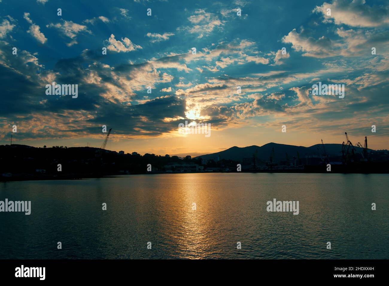 Morning dawn in port harbor. Calm sea in bay before dawn. Colorful ...