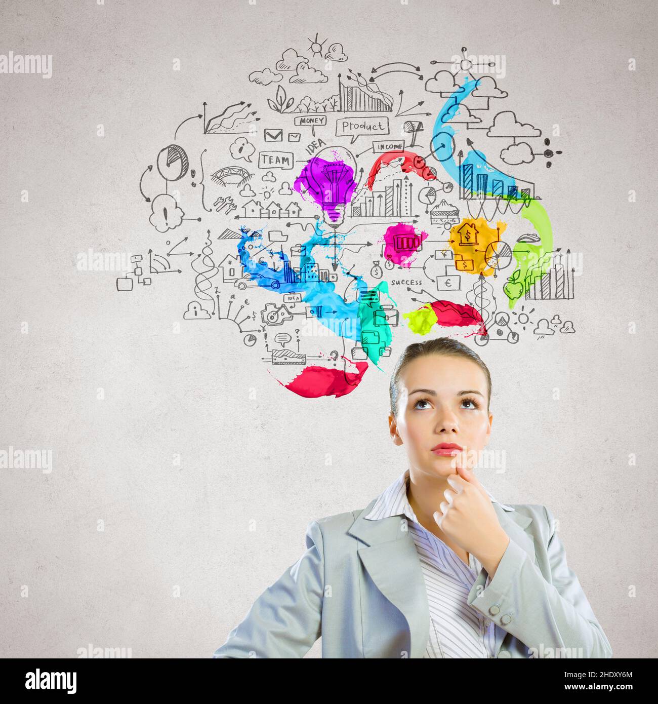 pensive, project, businesswoman, brainstorming, imagination, mind ...