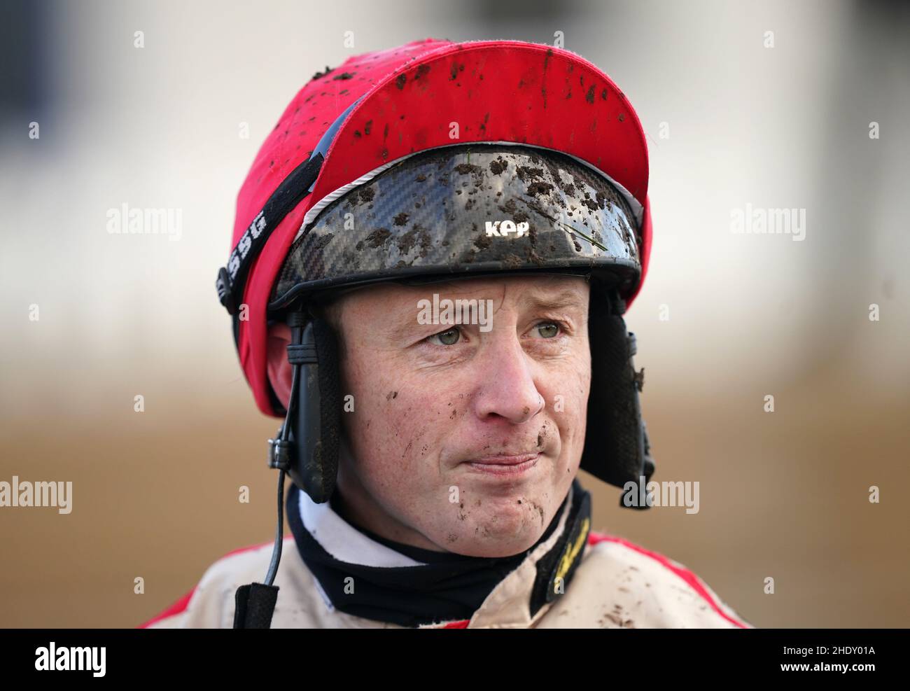 Conor O' Farrell reacts after the wetherbyracing.co.uk Juvenile Hurdle ...