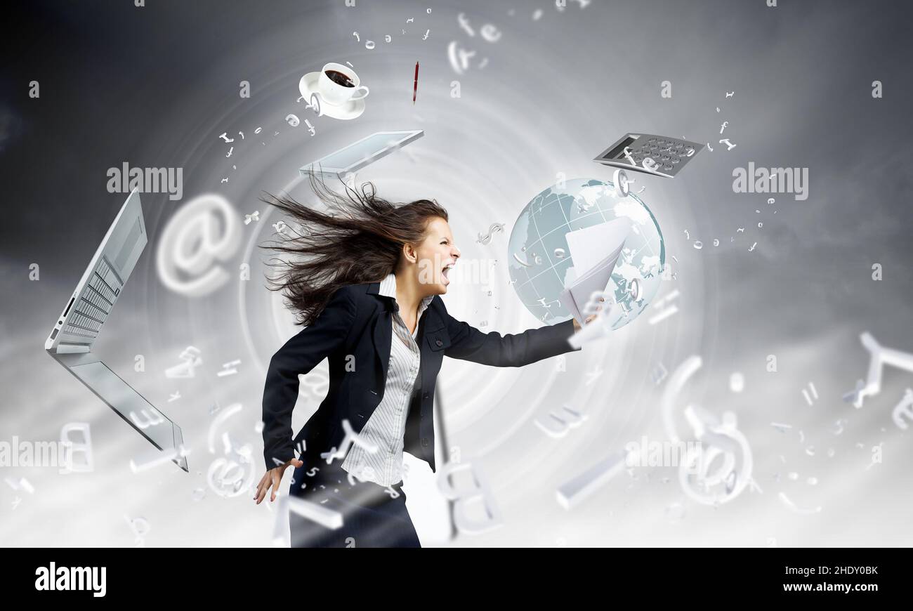 chaos, shouting, over-burdened, burnout, businesswoman, chaotic ...