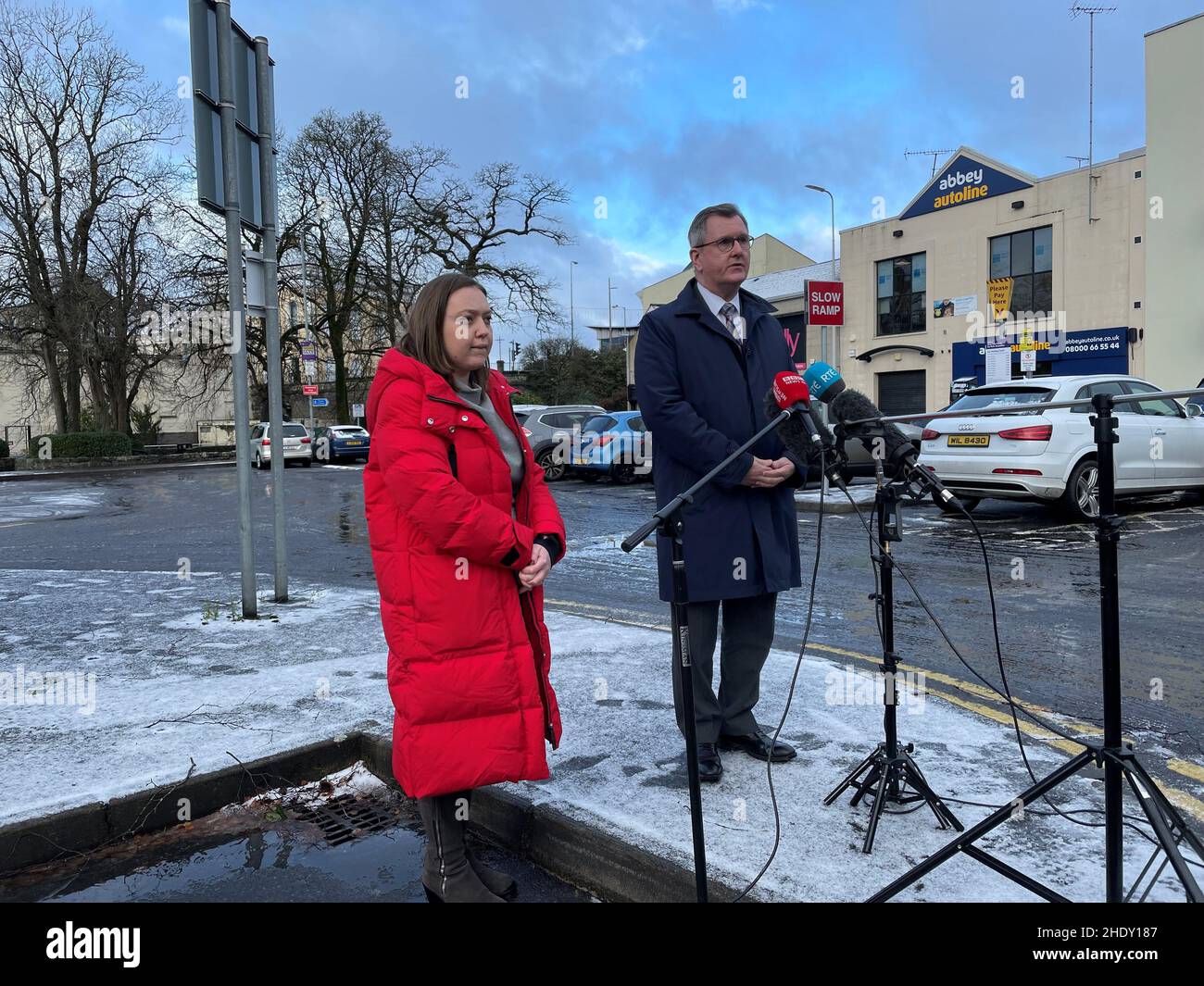 DUP leader Sir Jeffrey Donaldson, with DUP MLA Deborah Erskine, speaks ...
