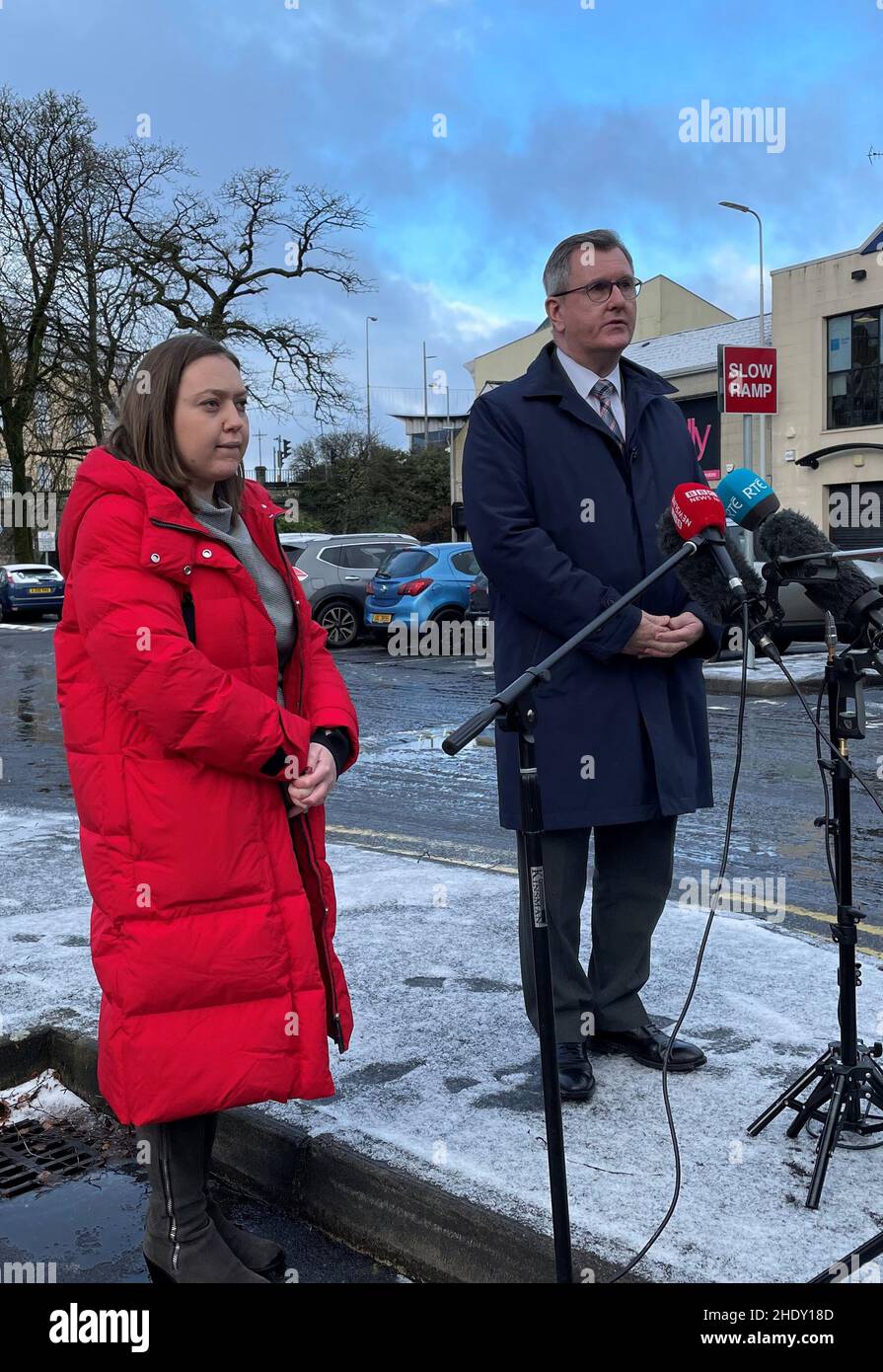 DUP leader Sir Jeffrey Donaldson, with DUP MLA Deborah Erskine, speaks ...