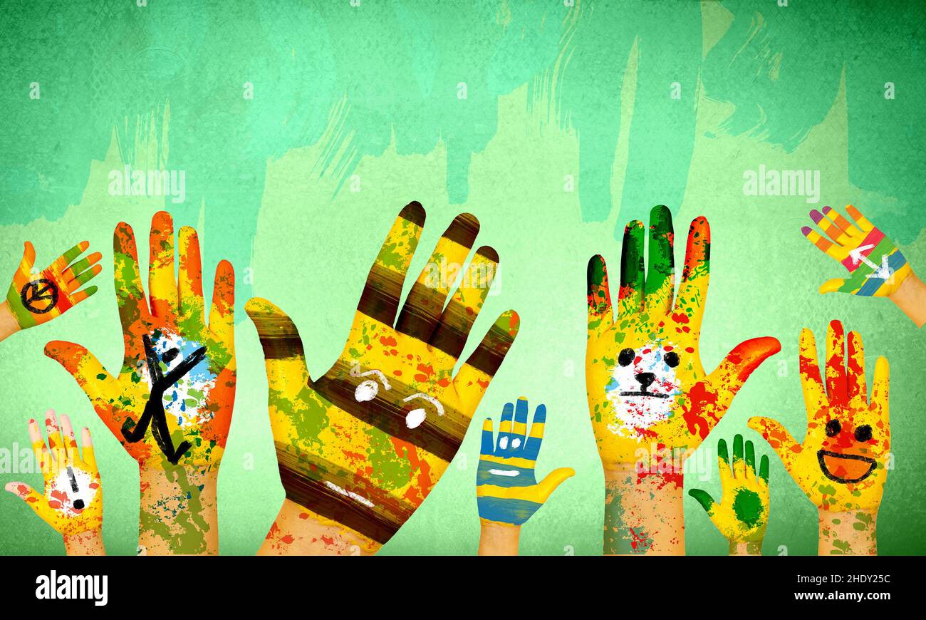 painted, art lessons, children's hands, painteds Stock Photo - Alamy