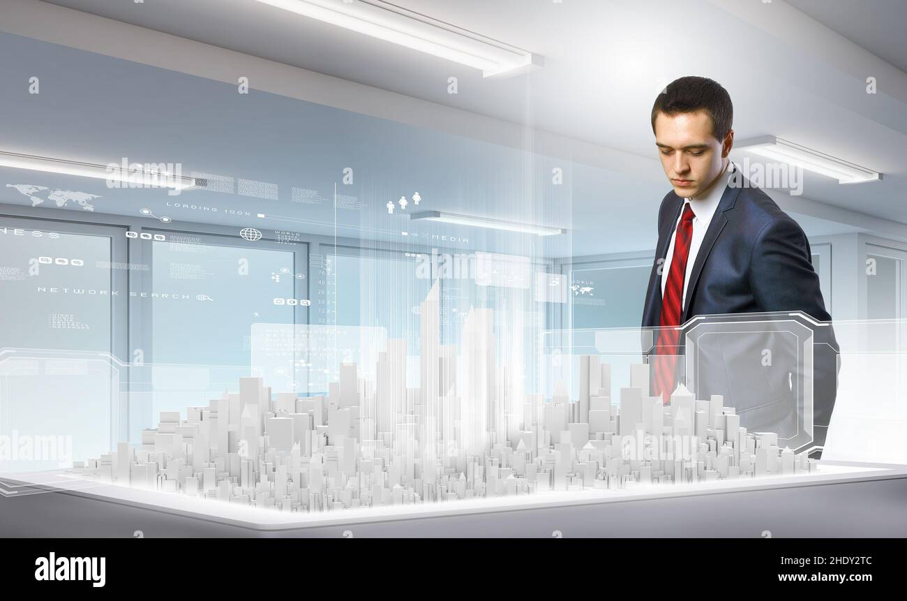 businessman, urban planning, construction project, office block, boss ...