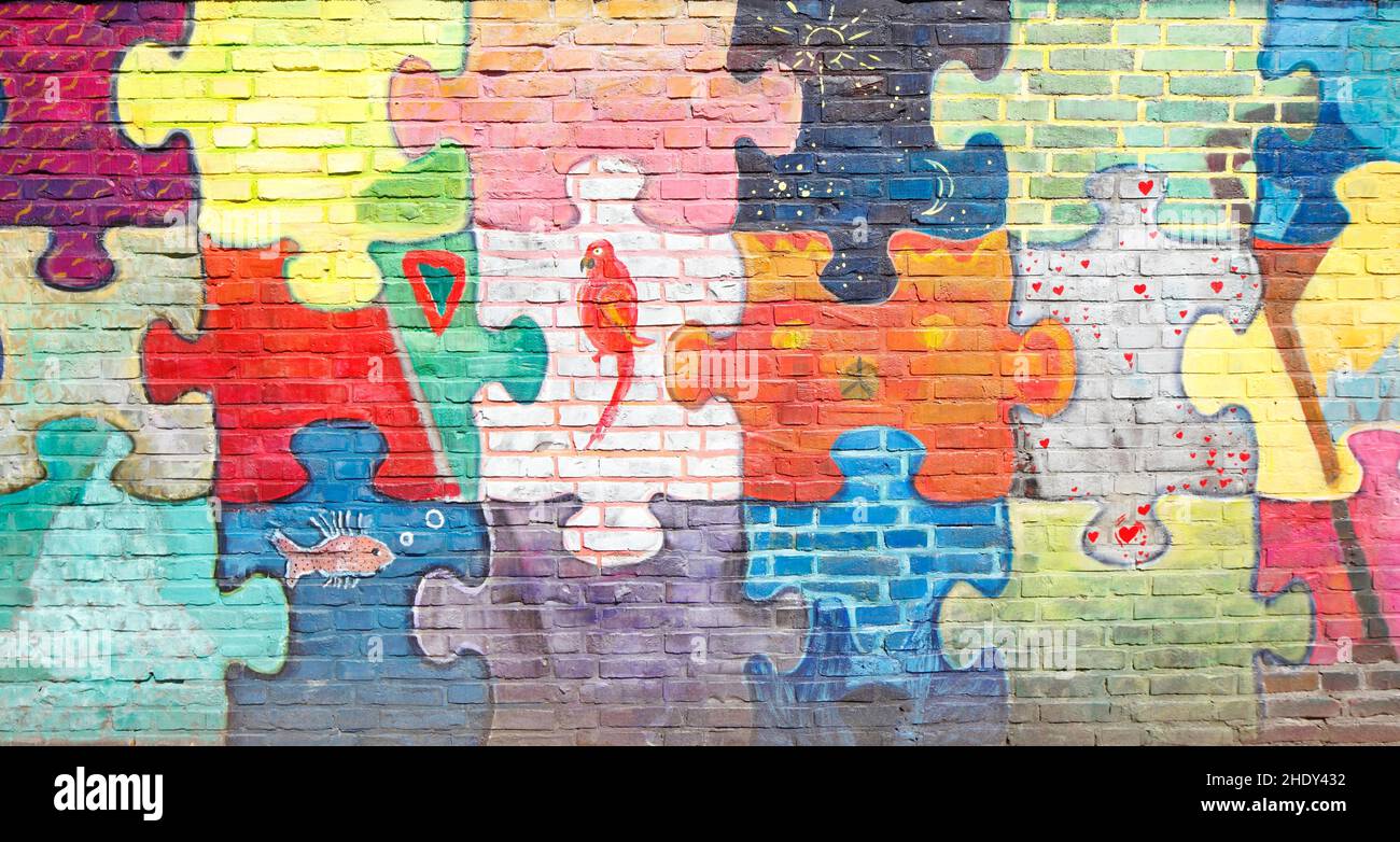 painted, brick wall, puzzle pieces, painteds, brick walls, puzzle piece ...