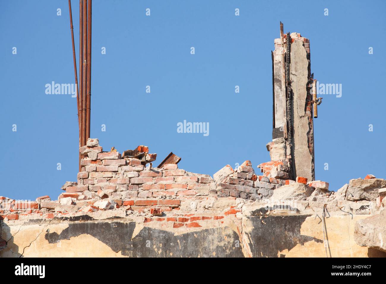 rebar, ruins rests, bricks, rebars, ruin, brick Stock Photo - Alamy