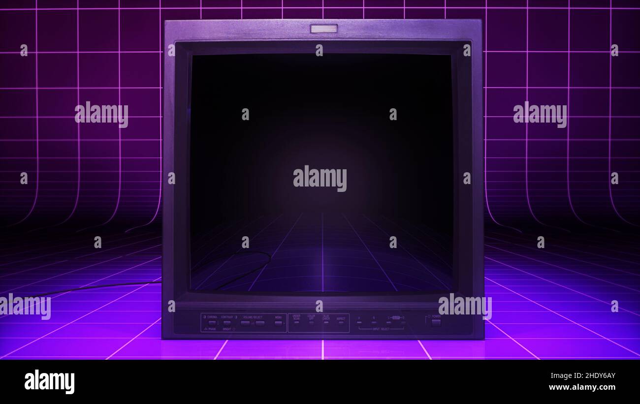 Old style CRT monitor in an arcade gaming studio. A retro aesthetic 3D ...