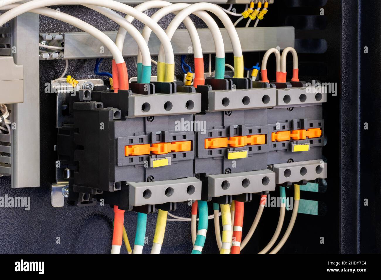 Electrical panel with many wires, electrical parts, automatic switches ...