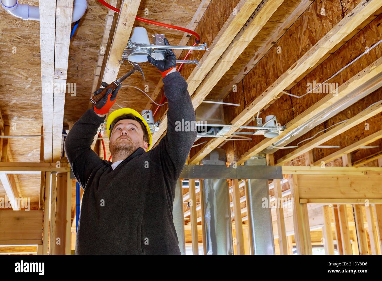 lamp, electrician, ceiling, installing, lamps, electricians Stock Photo ...