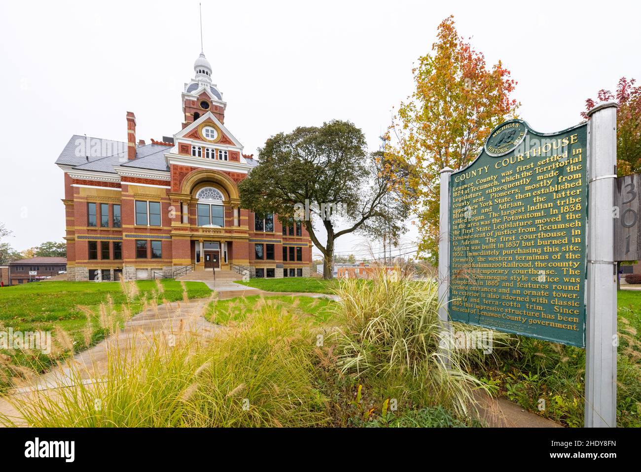 Adrian, Michigan, USA - October 24, 2021: The historic Lenawee County Courthouse with plaque ...
