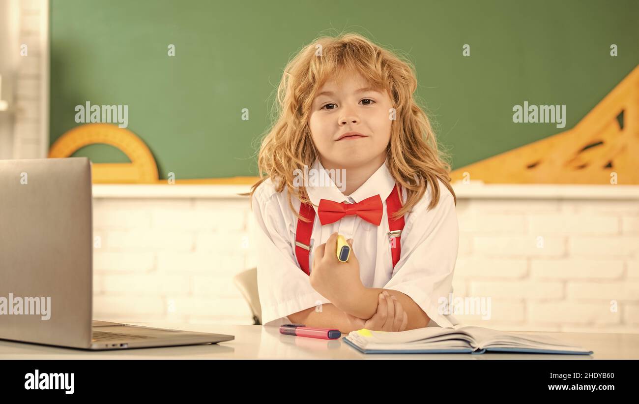 back to school. knowledge day. concept of education. nerd kid with long ...