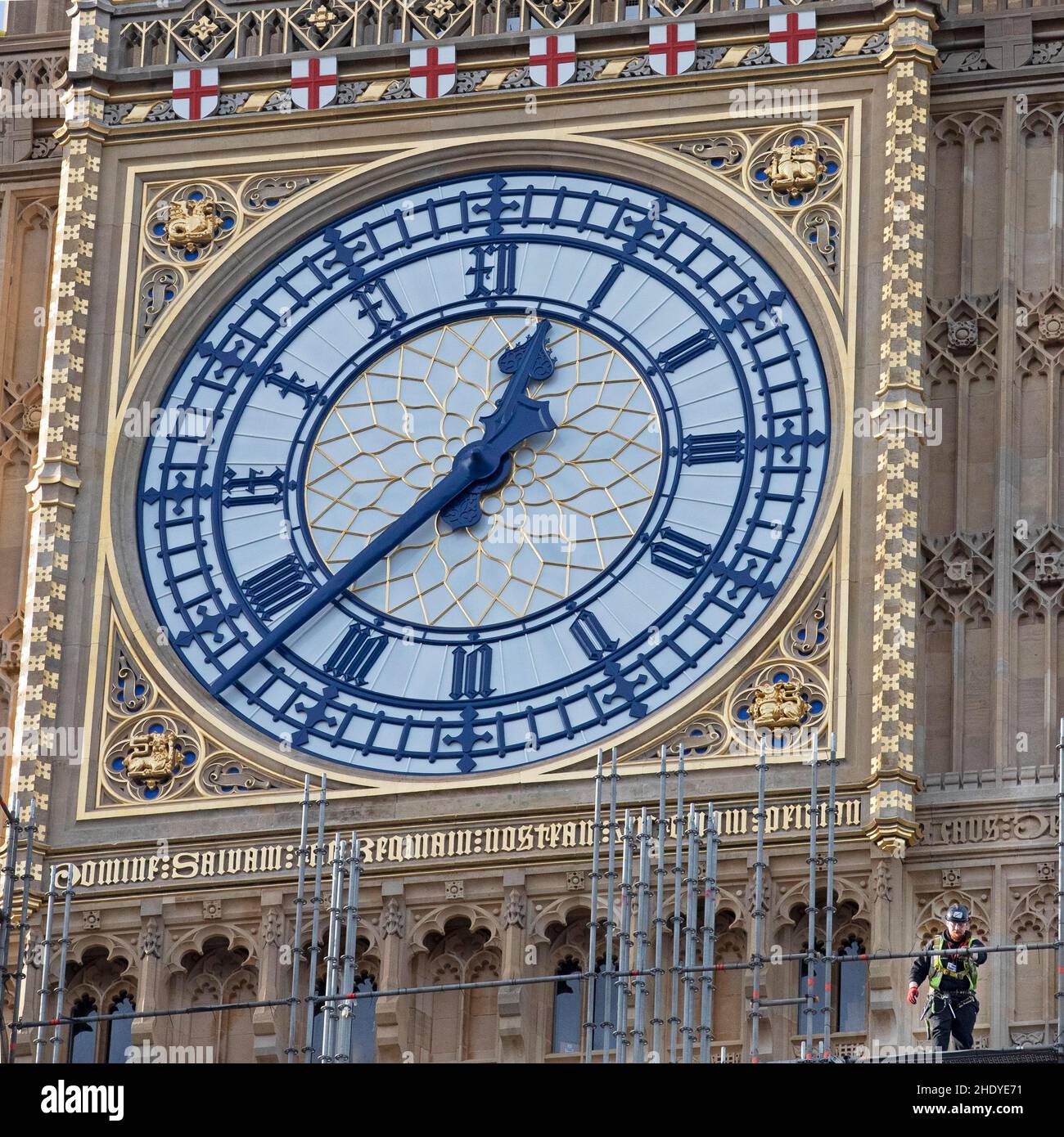 Construction Workers remove scaffolding from the clock face of Elizabeth Tower aka Big Ben after ...