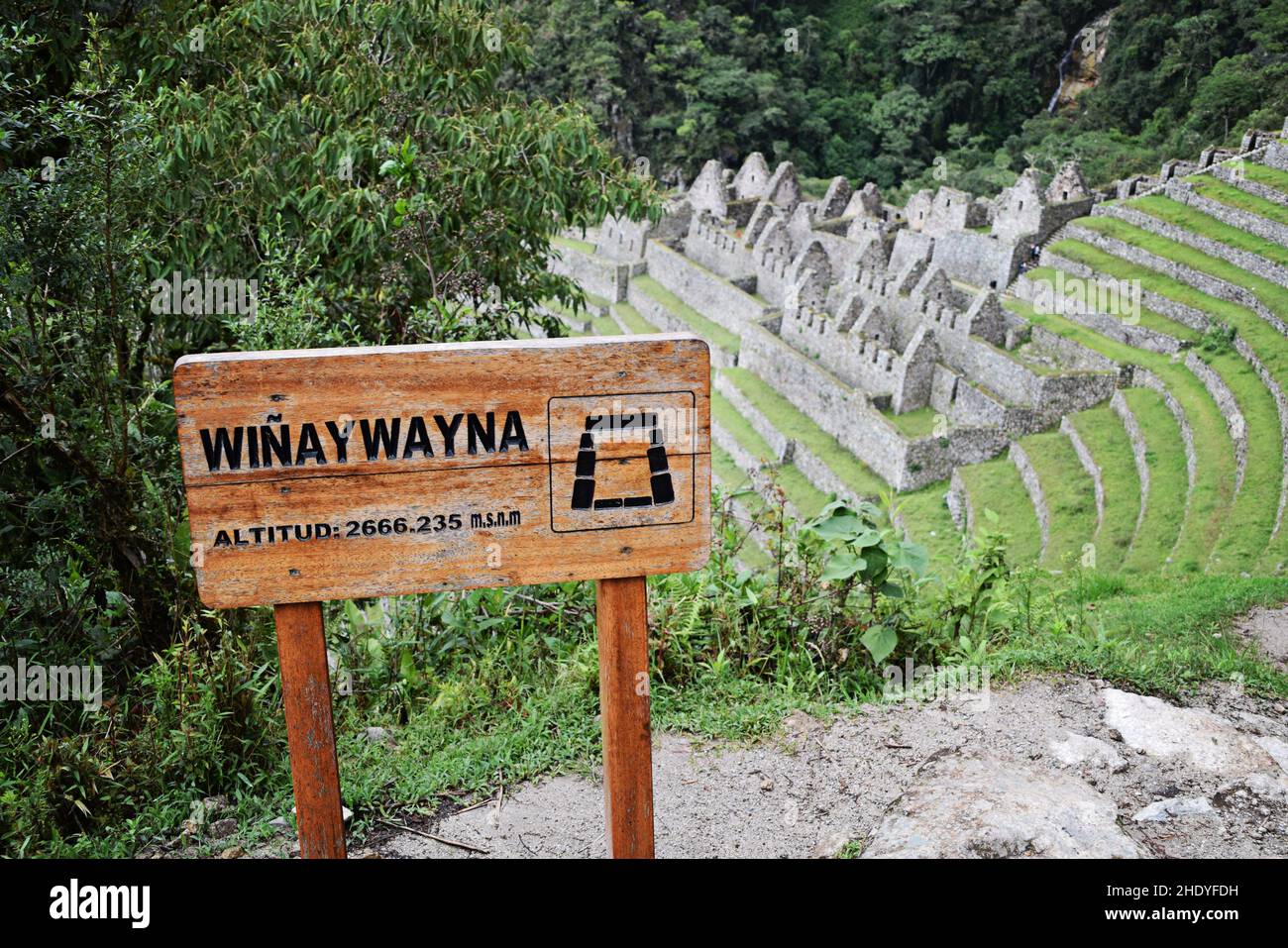 Information sign for tourists about Wiñay Wayna, an Inca ruin along the ...