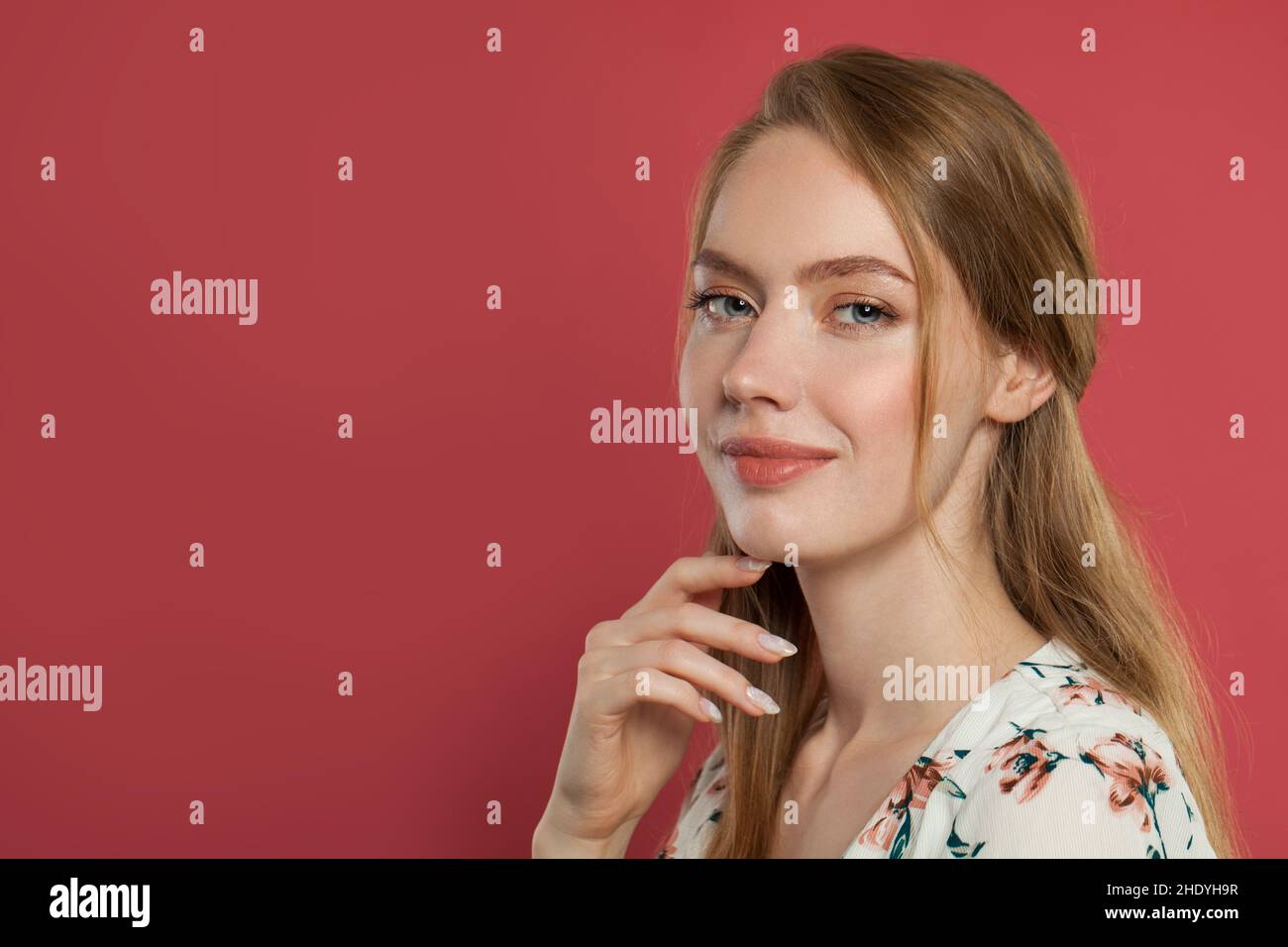 Happy cheerful young woman with charming smile and healthy skin. Ginger ...