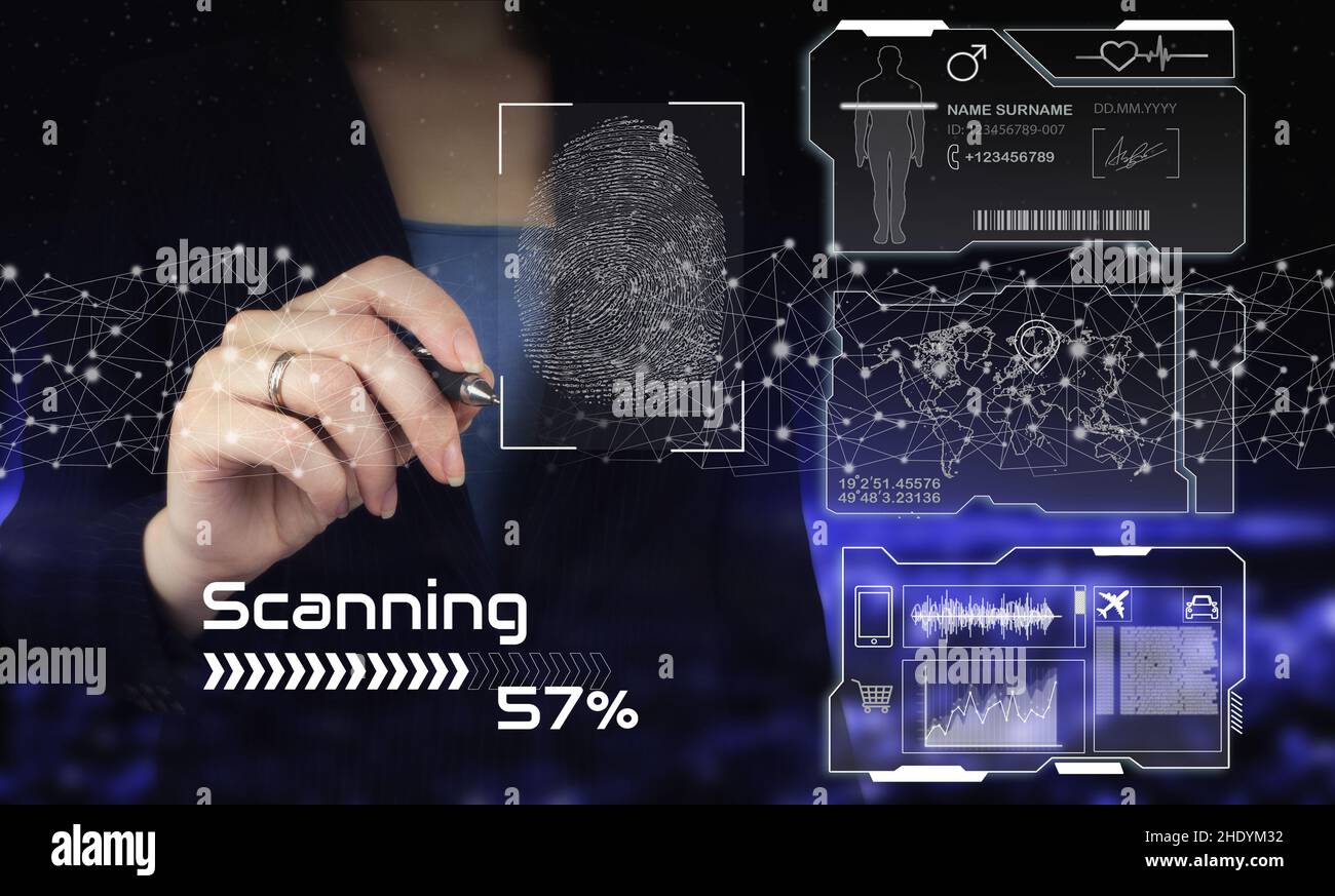 Fingerprint scanning of biometric identity and approval. Hand holding ...
