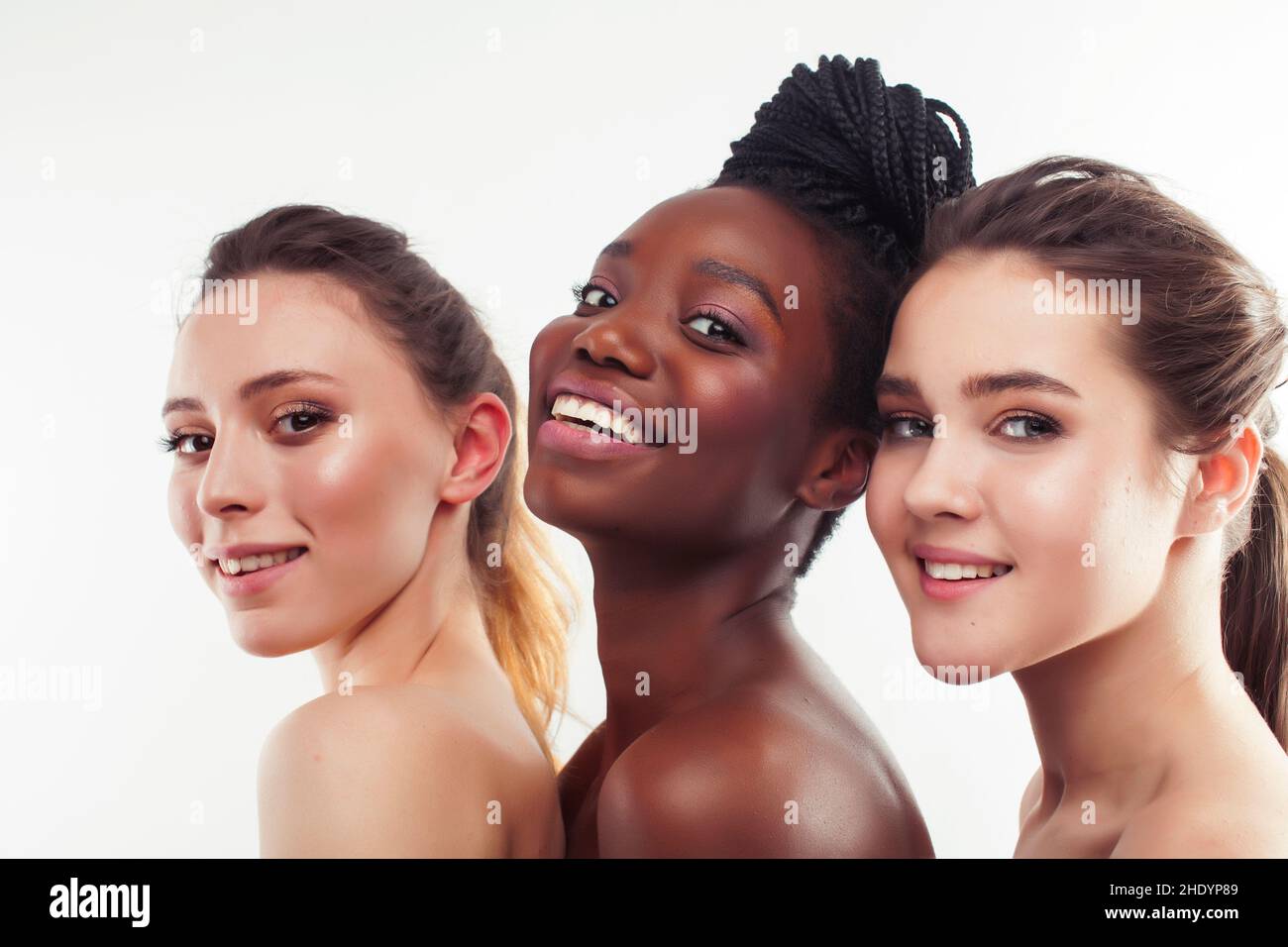 three different nation woman: african-american, caucasian together ...