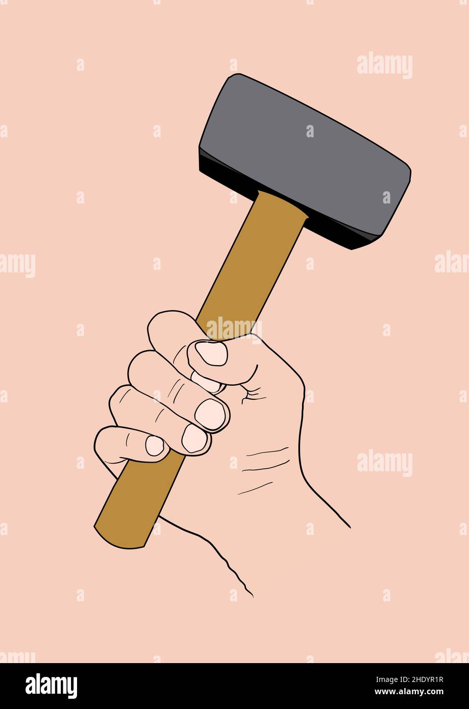 vector drawing of a hand holding a hammer. Plain background Stock ...