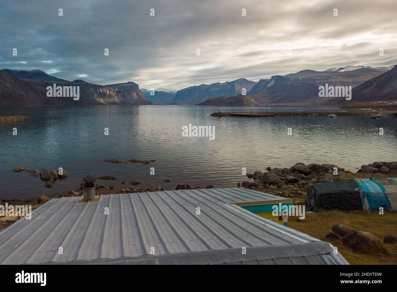 Early morning before sunrise in Pangnirtung fjord, in remote Inuit ...
