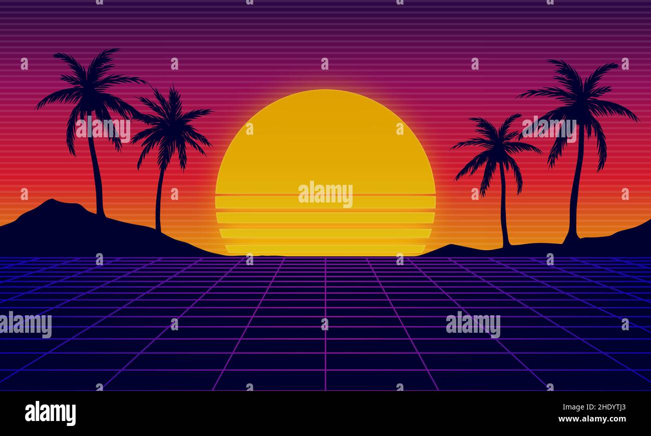 Landscape skyline with neon light grid, sun and palm trees. Sci-fi ...
