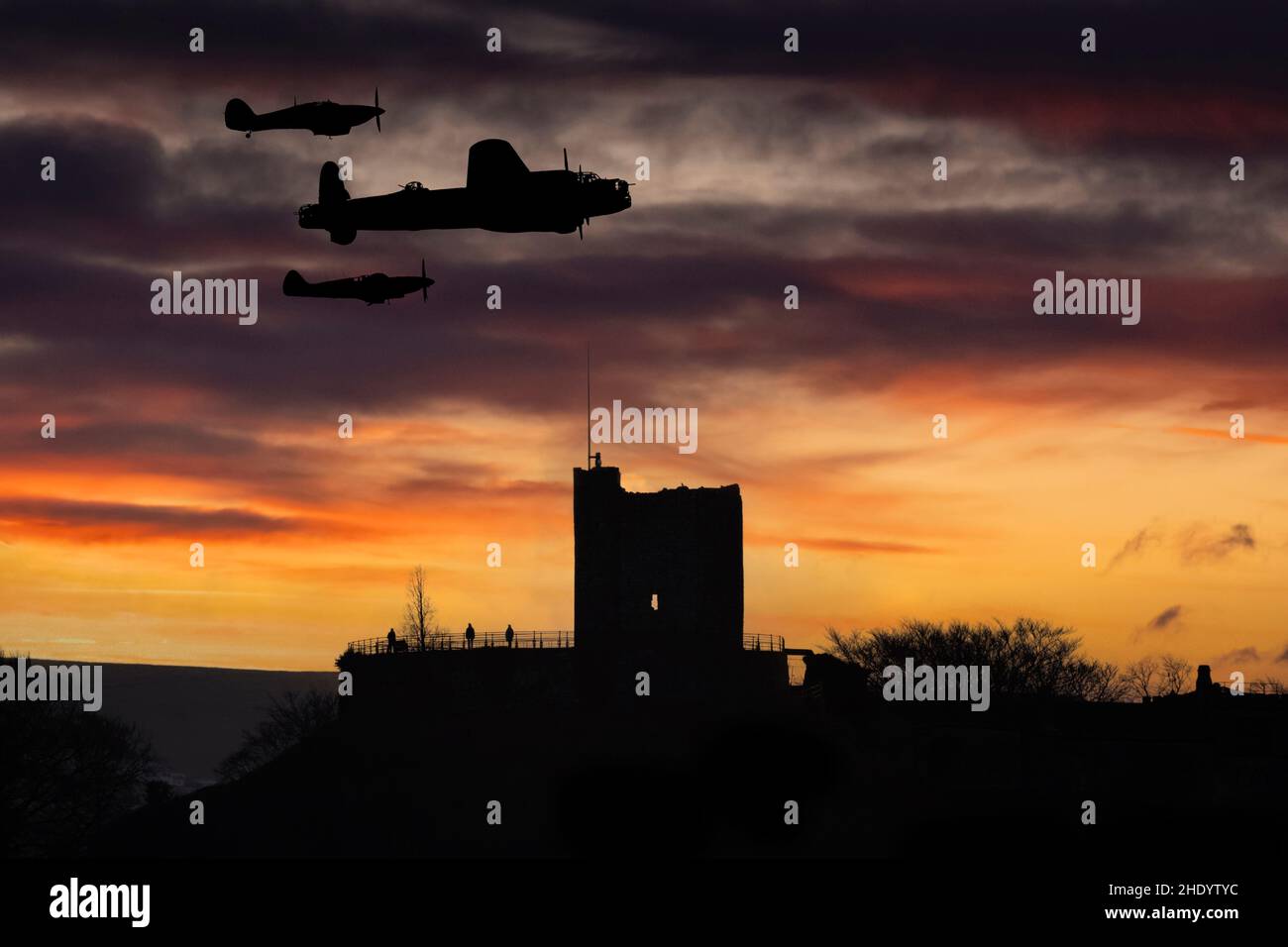 RAF Battle of Britain flight over Clitheroe Castle, Lancashire,UK Stock ...