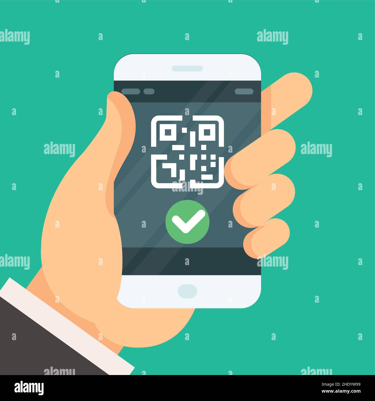 Vaccination passport for COVID-19 displayed on smartphone held in hand, qr code vaccination icon ...