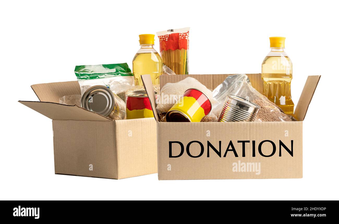Donation box food support help for poor people in the world isolated on ...