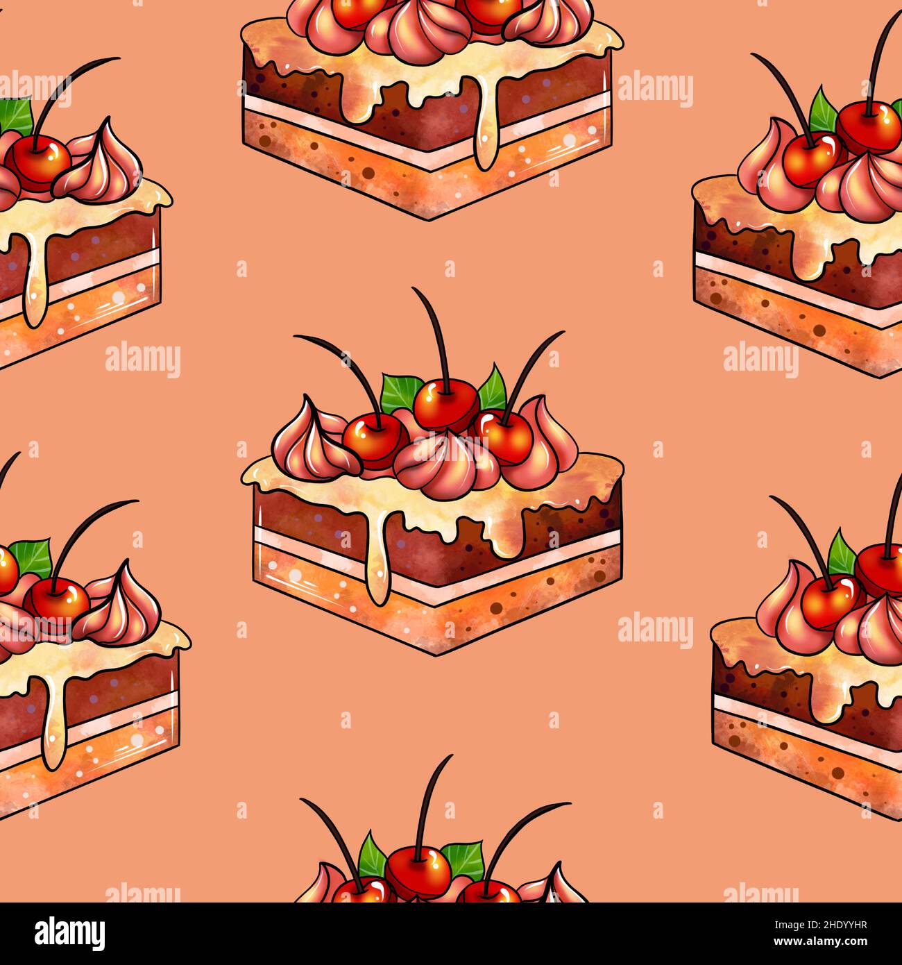 Illustration raster seamless pattern brown color cake pieces on orange ...