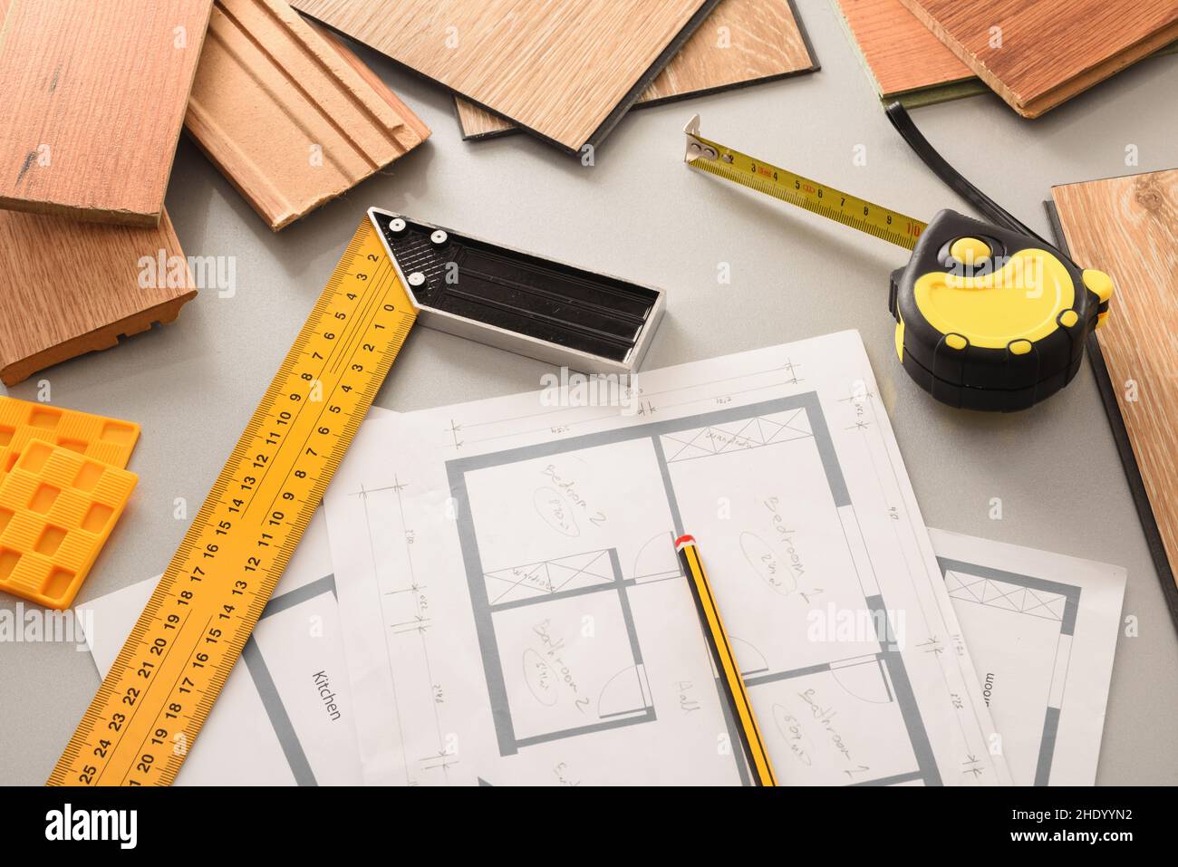 Indoor wood surface installation project on workbench with wooden ...
