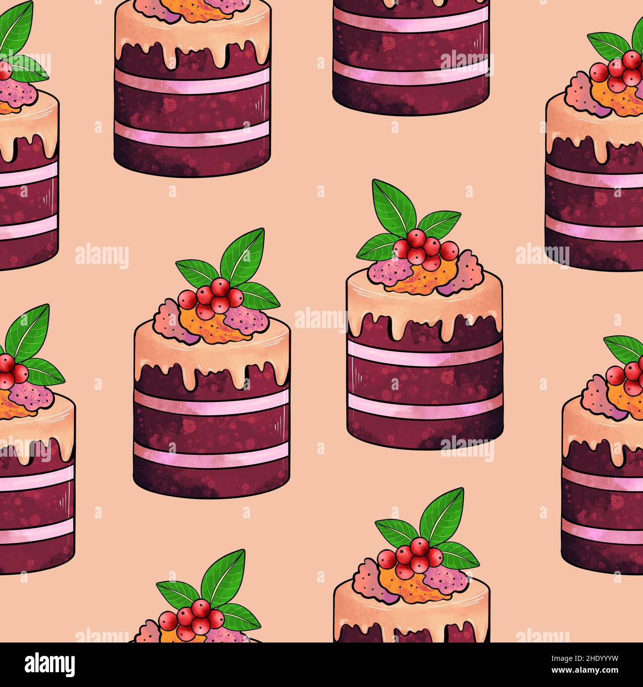 Illustration raster seamless pattern brown color cake pieces on orange ...