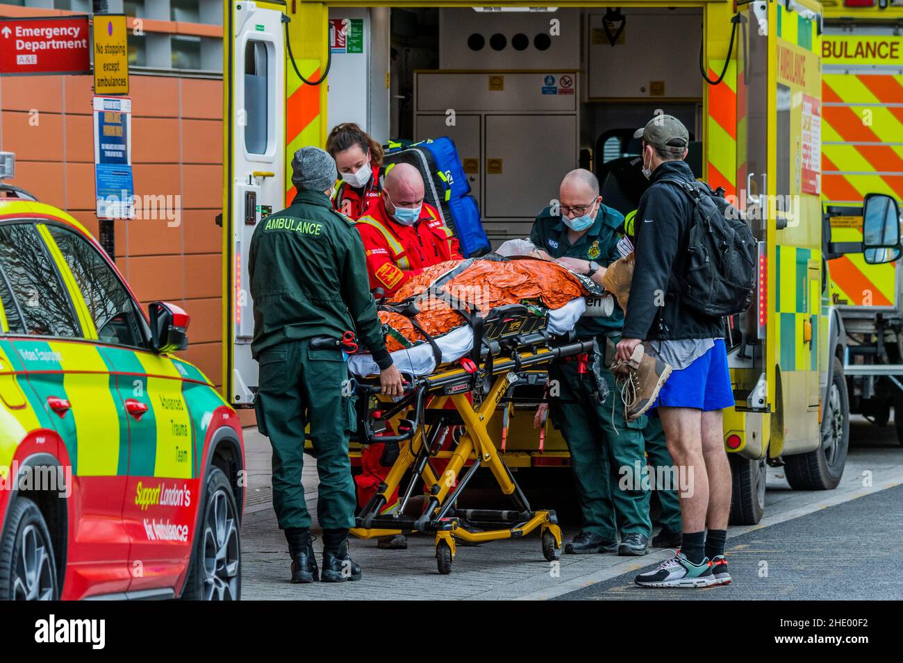 London, UK. 7th Jan, 2022. A patient is brought in with trauma ...