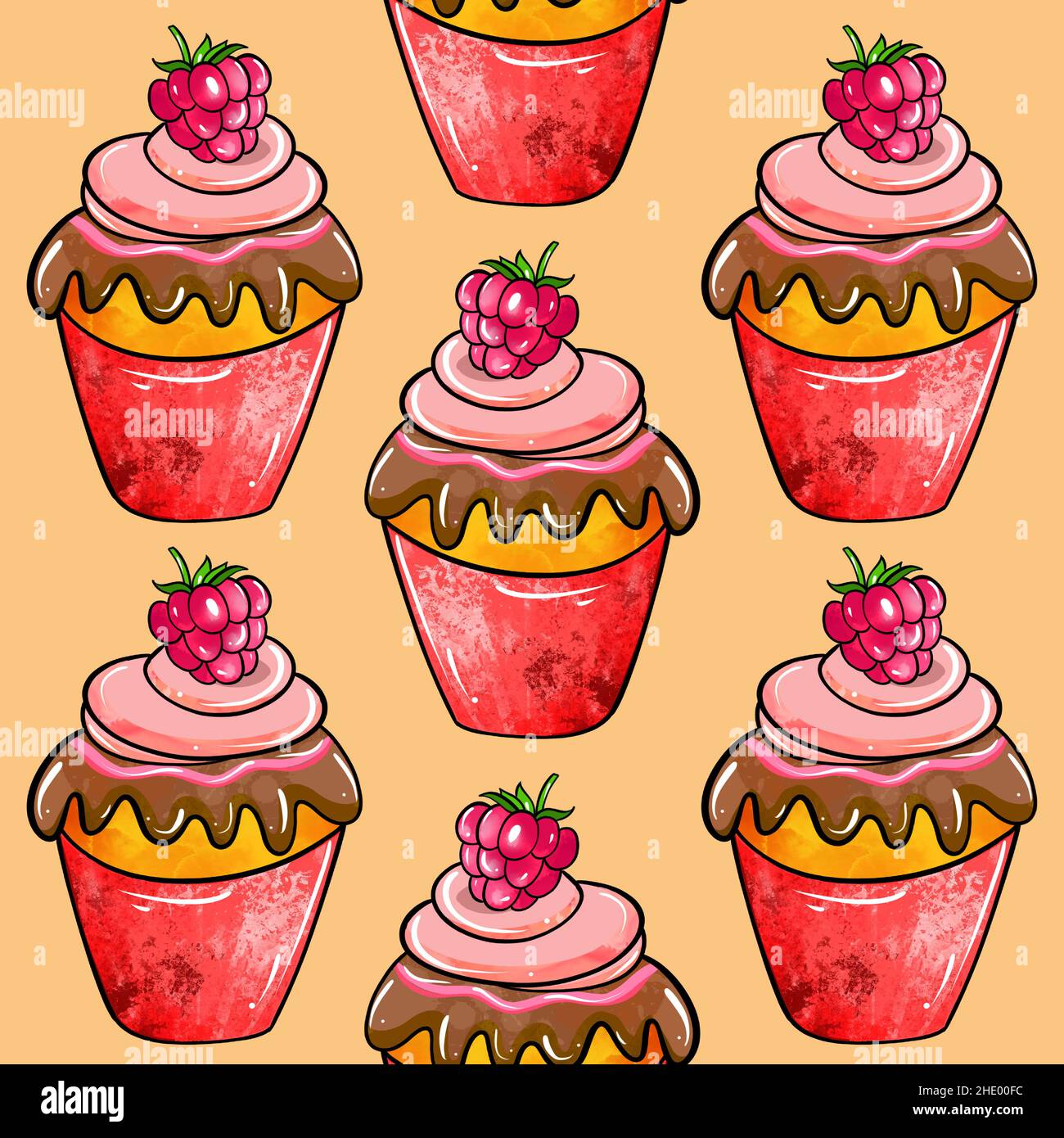 Illustration raster seamless pattern cream dessert red color decorated ...