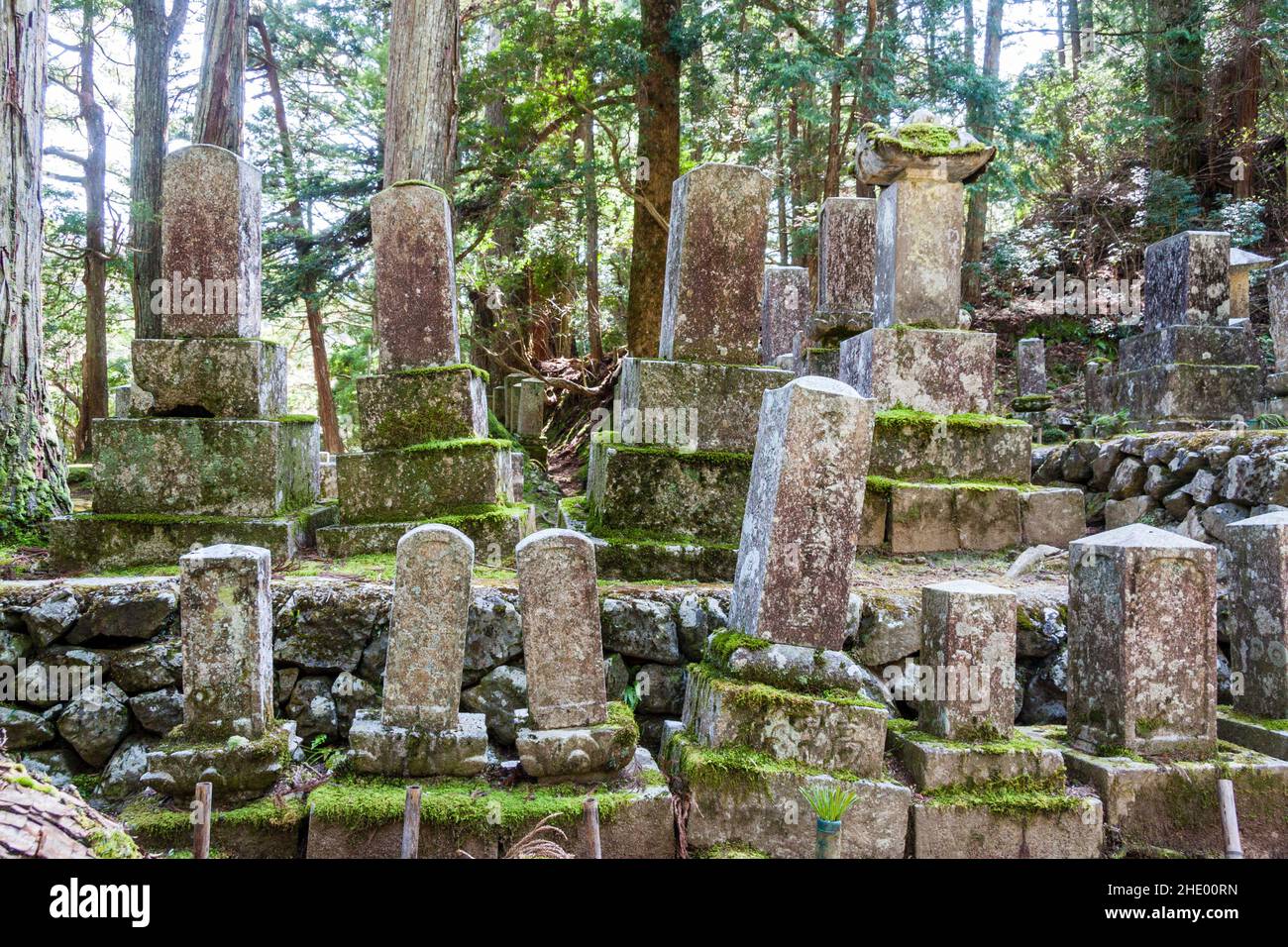 Row of Japanese Hakaishi tombstones and behind, a row of larger ones on ...