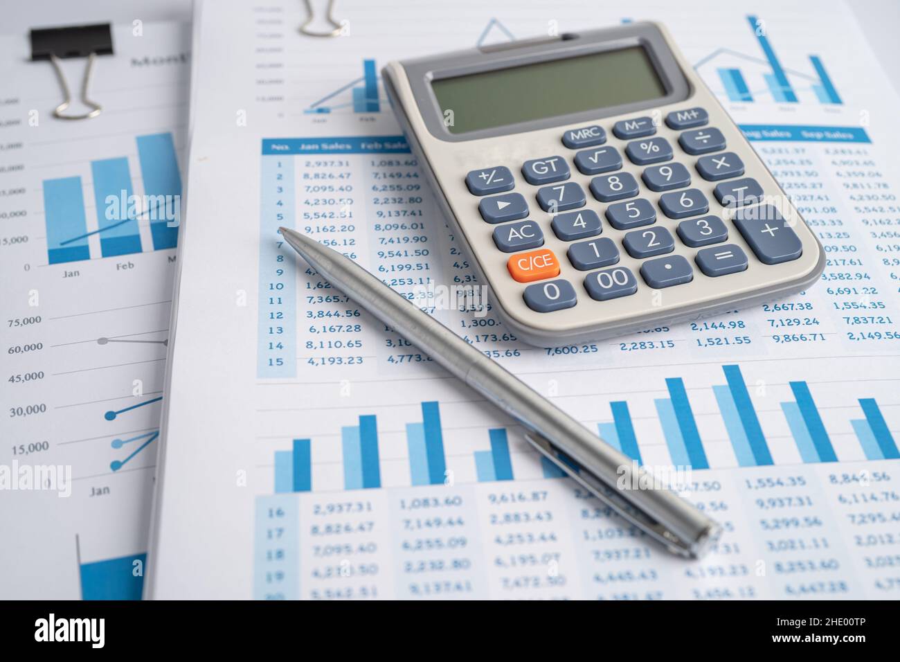 Calculator on chart and graph spreadsheet paper. Finance development ...