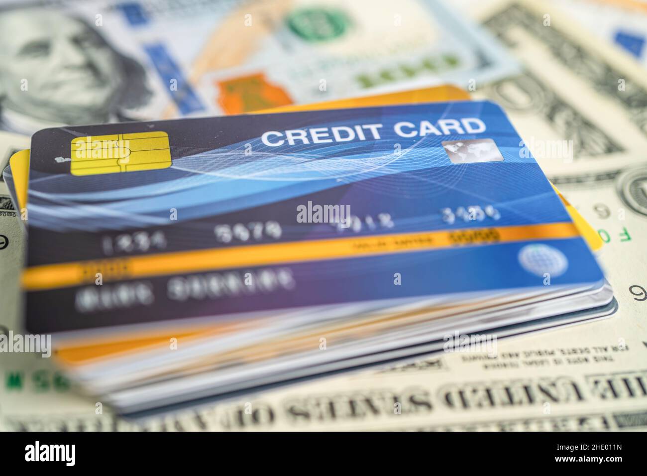 Credit card on US dollar banknotes. Finance development, Banking ...