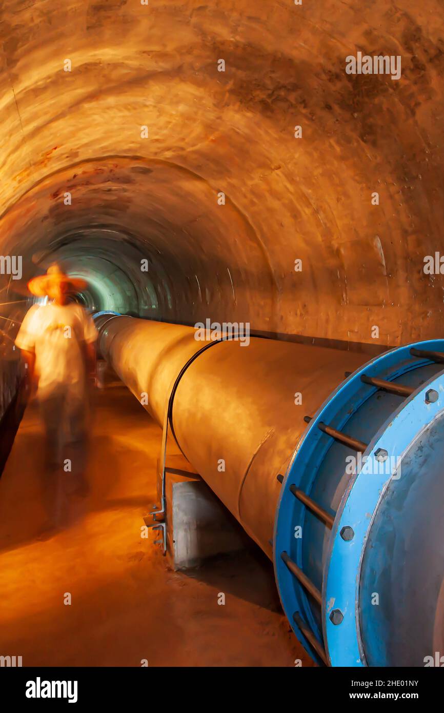 Horizontal water pipe or pipeline in a mountain tunnel. Irrigation ...