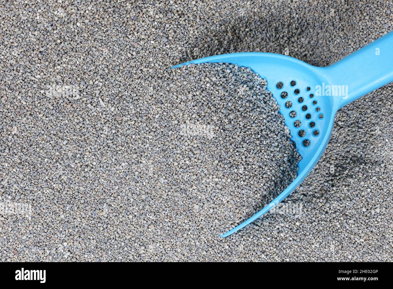 Blue scoop in grey clumping cat litter Stock Photo - Alamy