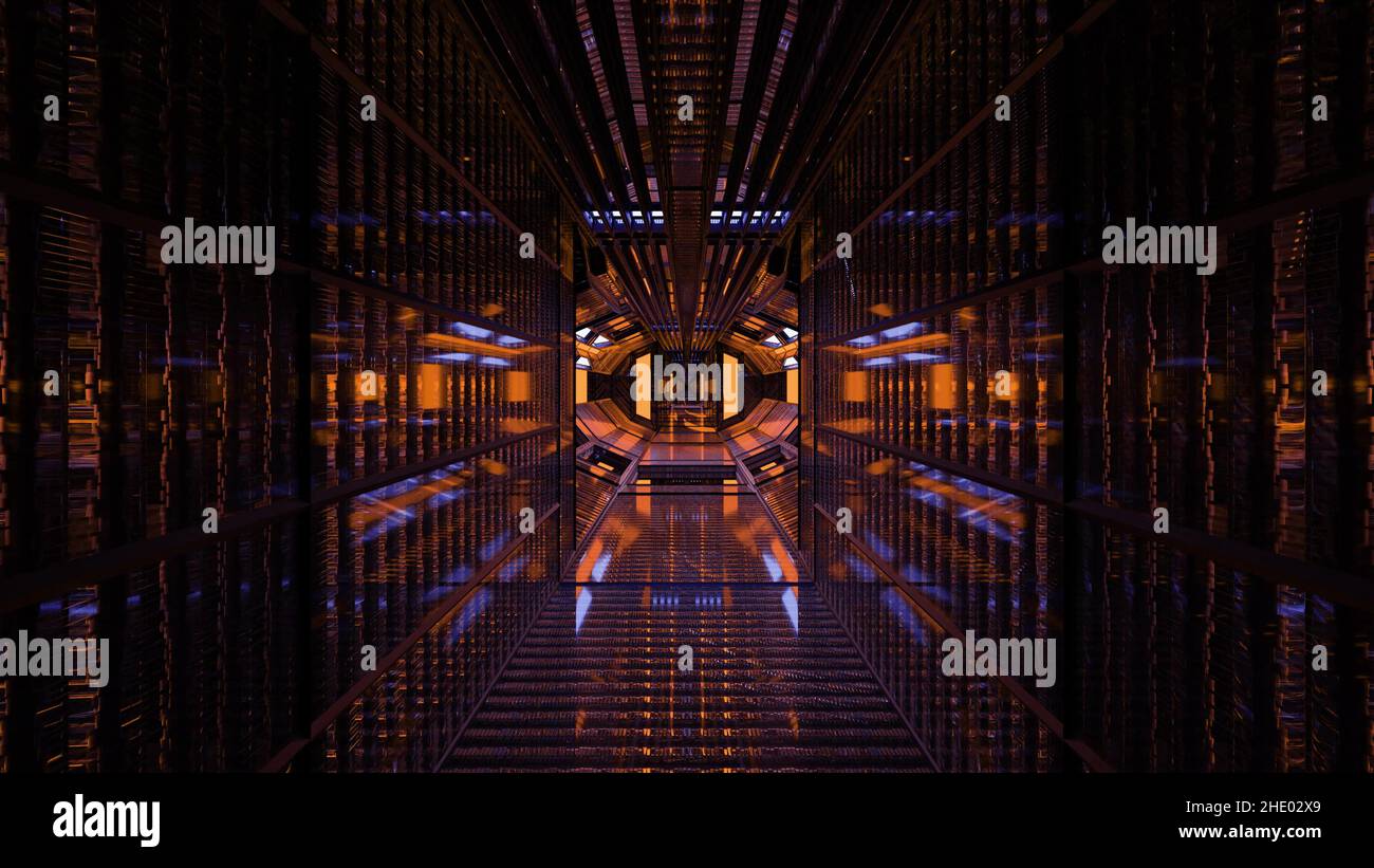 Reflective hallway with orange illumination 4K UHD 3D illustration ...