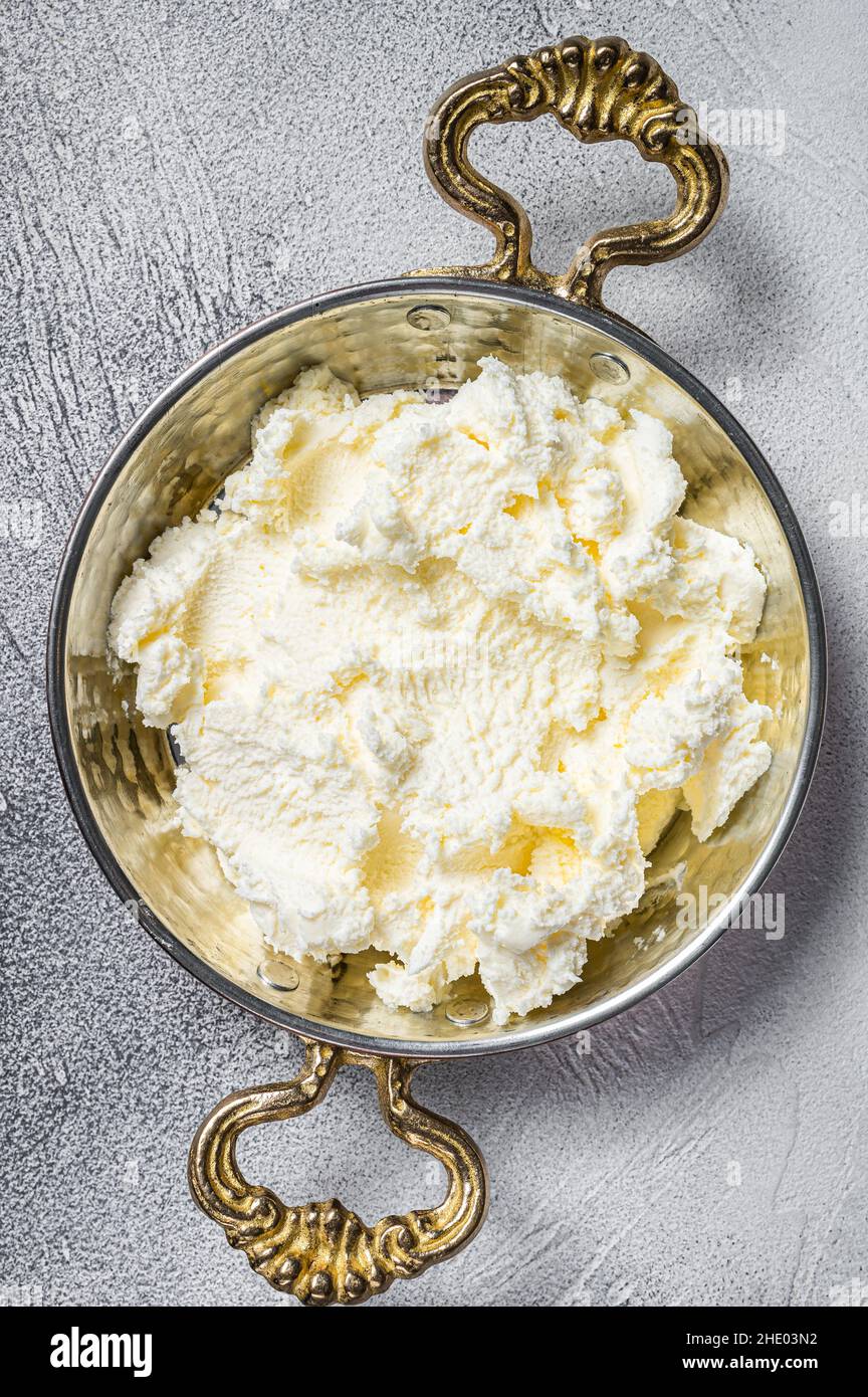 Turkish Kaymak Clotted cream, butter cream. Gray background. Top view ...
