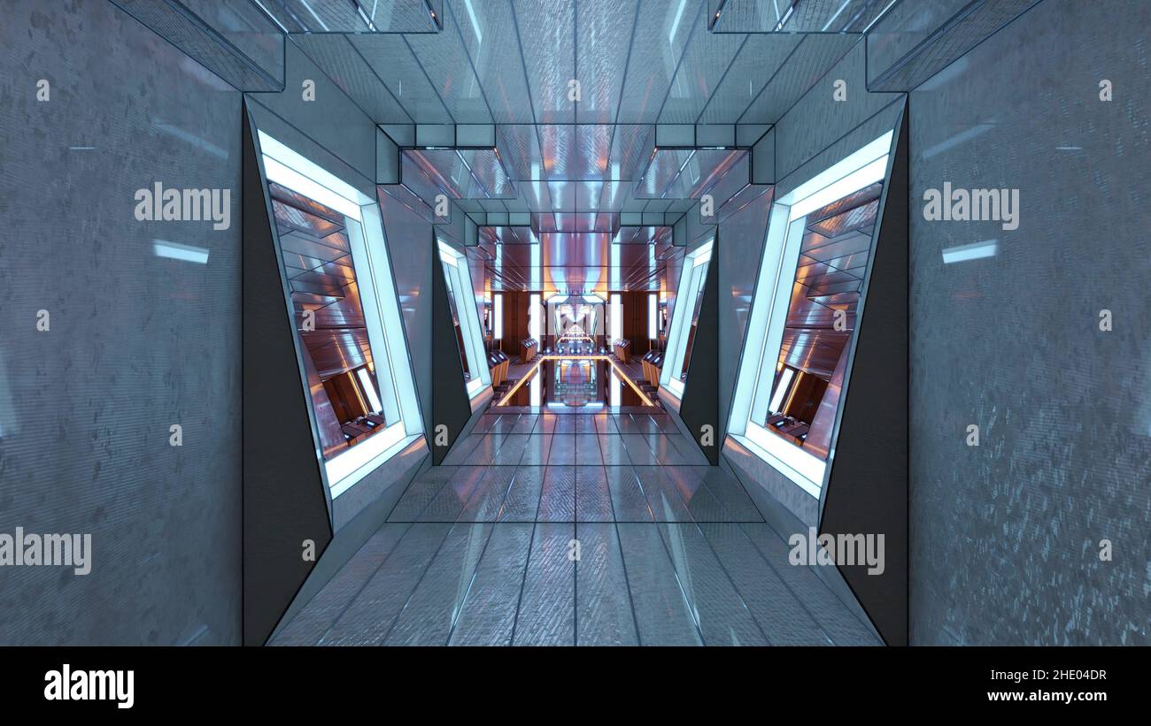 4K UHD 3D illustration of illuminated corridor in contemporary building ...