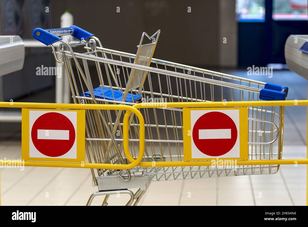 Trolley in the store. stop sign. Concept of ban, end of trade. Closed ...