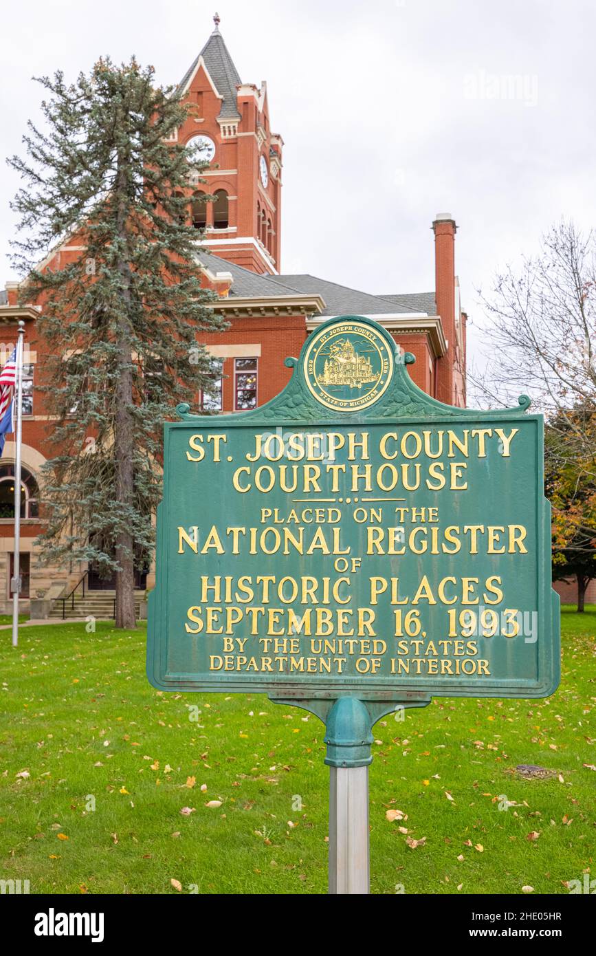 Centreville, Michigan, USA - October 21, 2021: Plaque tells when The St. Joseph County ...