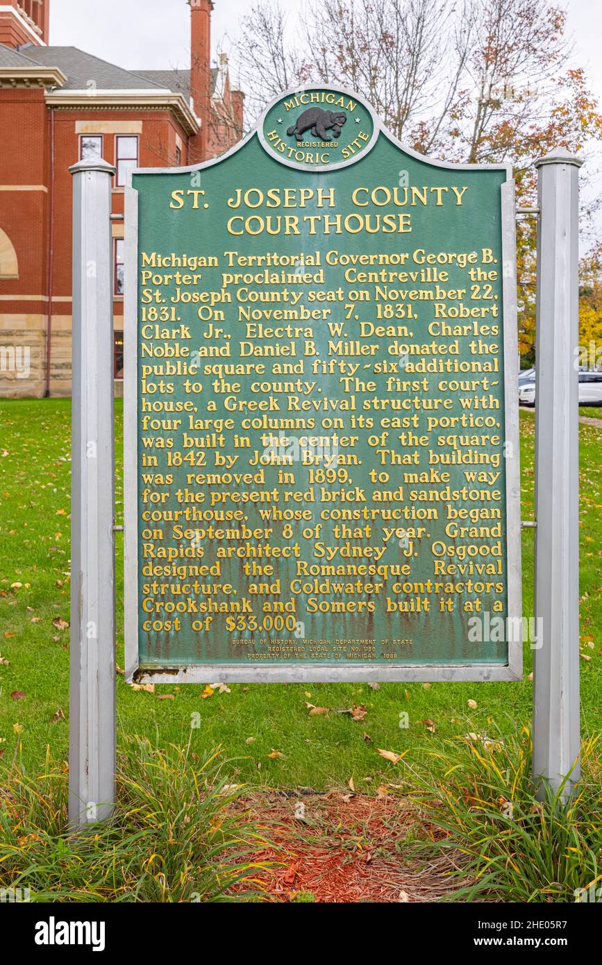 Centreville, Michigan, USA - October 21, 2021: Plaque tells the history of The St. Joseph County ...