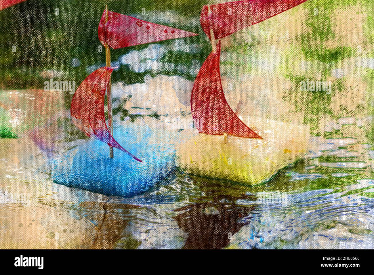 Children's homemade sailboats. Ships made of kitchen sponges are ...