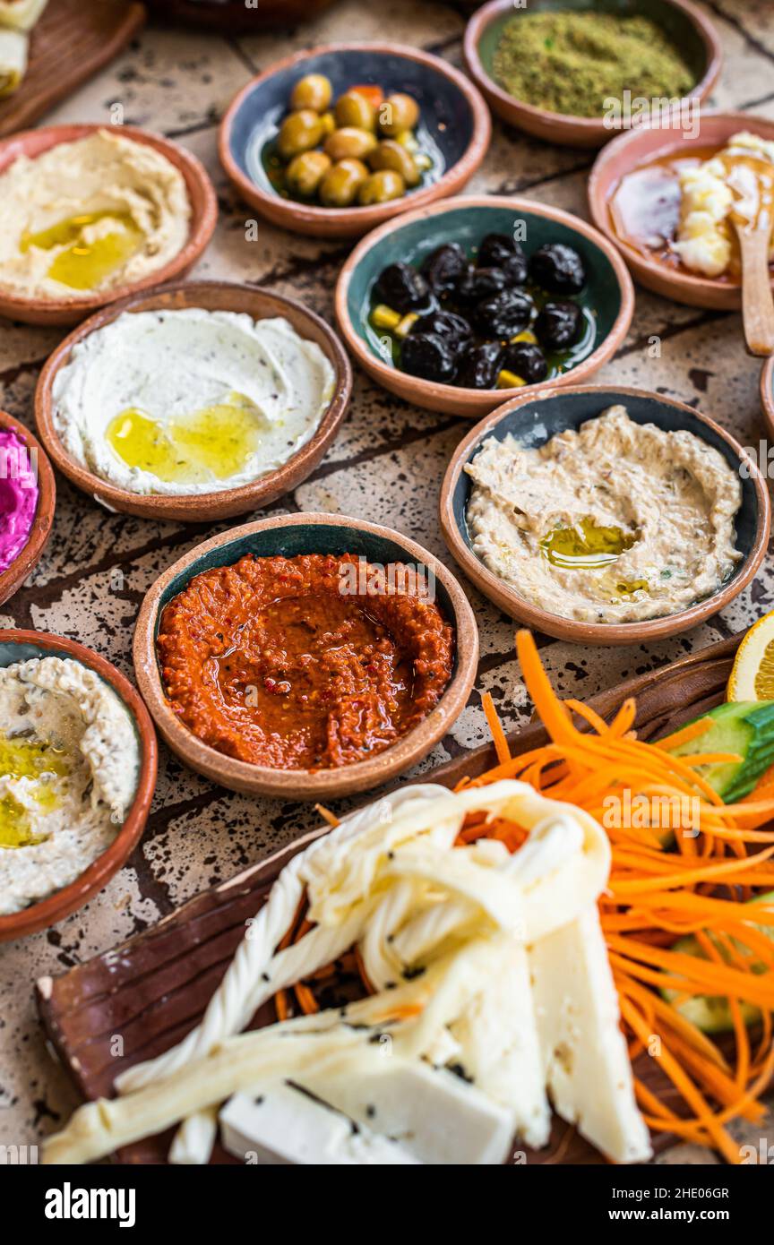 Traditional Turkish Village Breakfast on the ceramic table with ...
