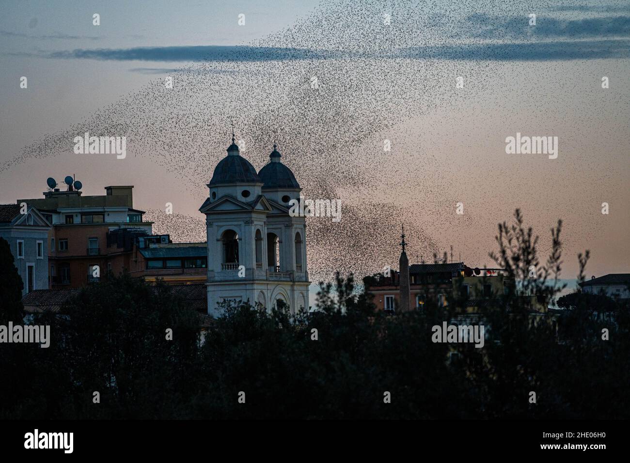 ROME, ITALY. 7 January 2022. Starling murmurations flying over the ...