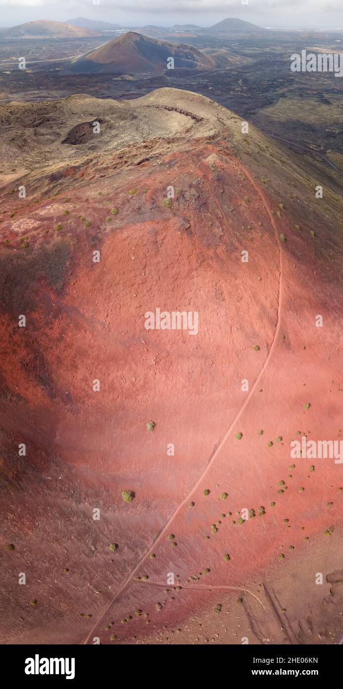 Aerial view of the path on Volcano Montana Colorada, Lanzarote, Canary ...