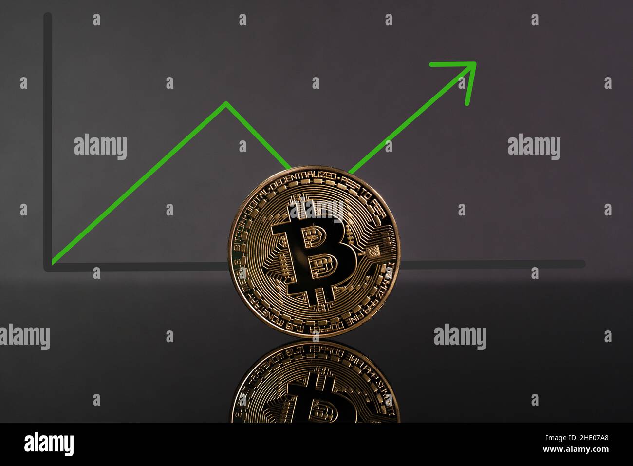 a bitcoin coin is facing a positive chart Stock Photo - Alamy